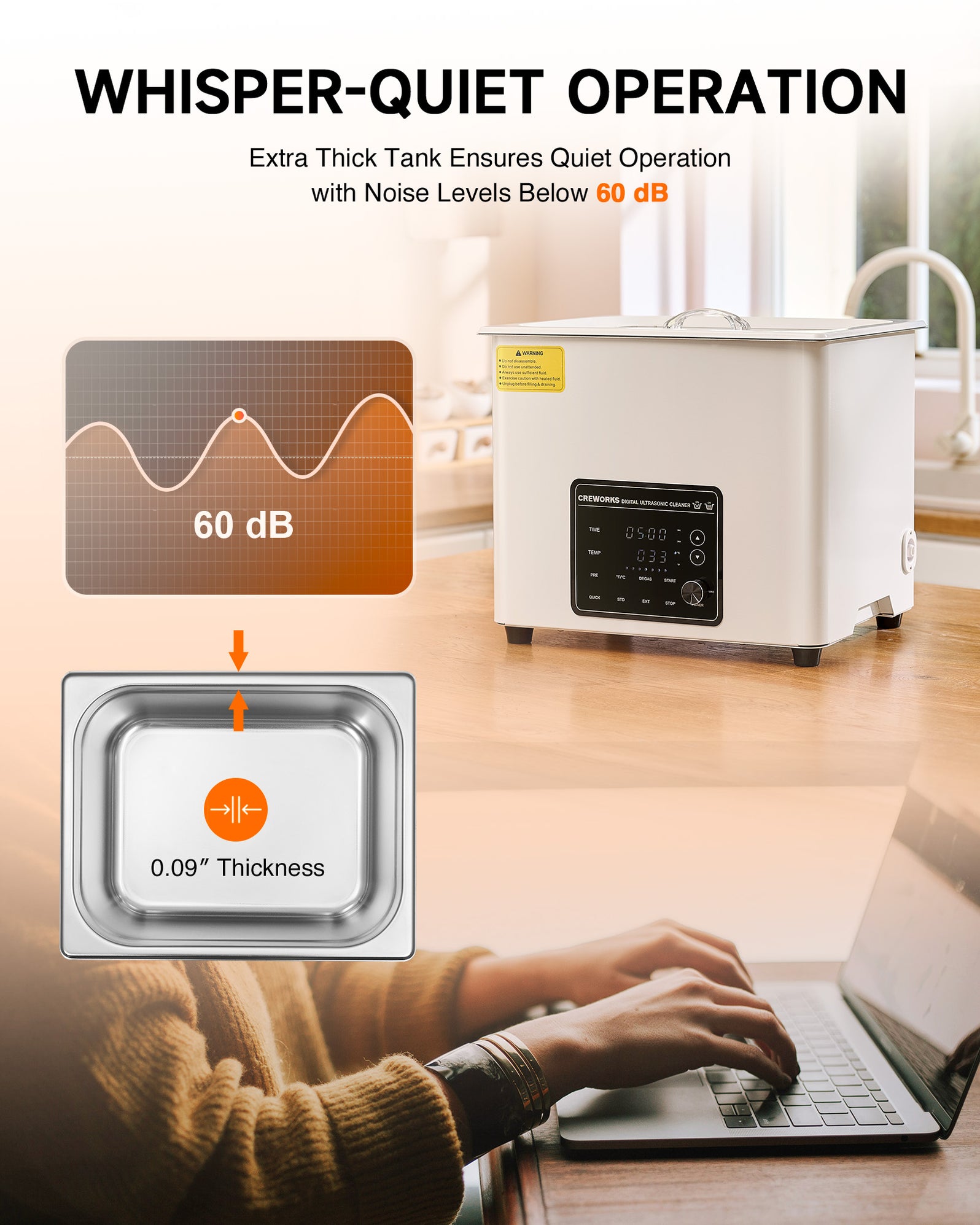 CREWORKS 10L Quiet Ultrasonic Cleaning Machine with 300W Heater & Time ...