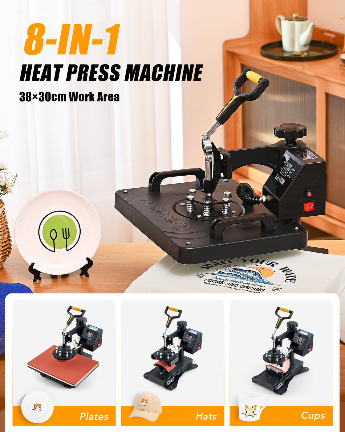 38x30cm Heat Press Machine, 8 in 1 Swing Away Shirt Printing Machine w ...