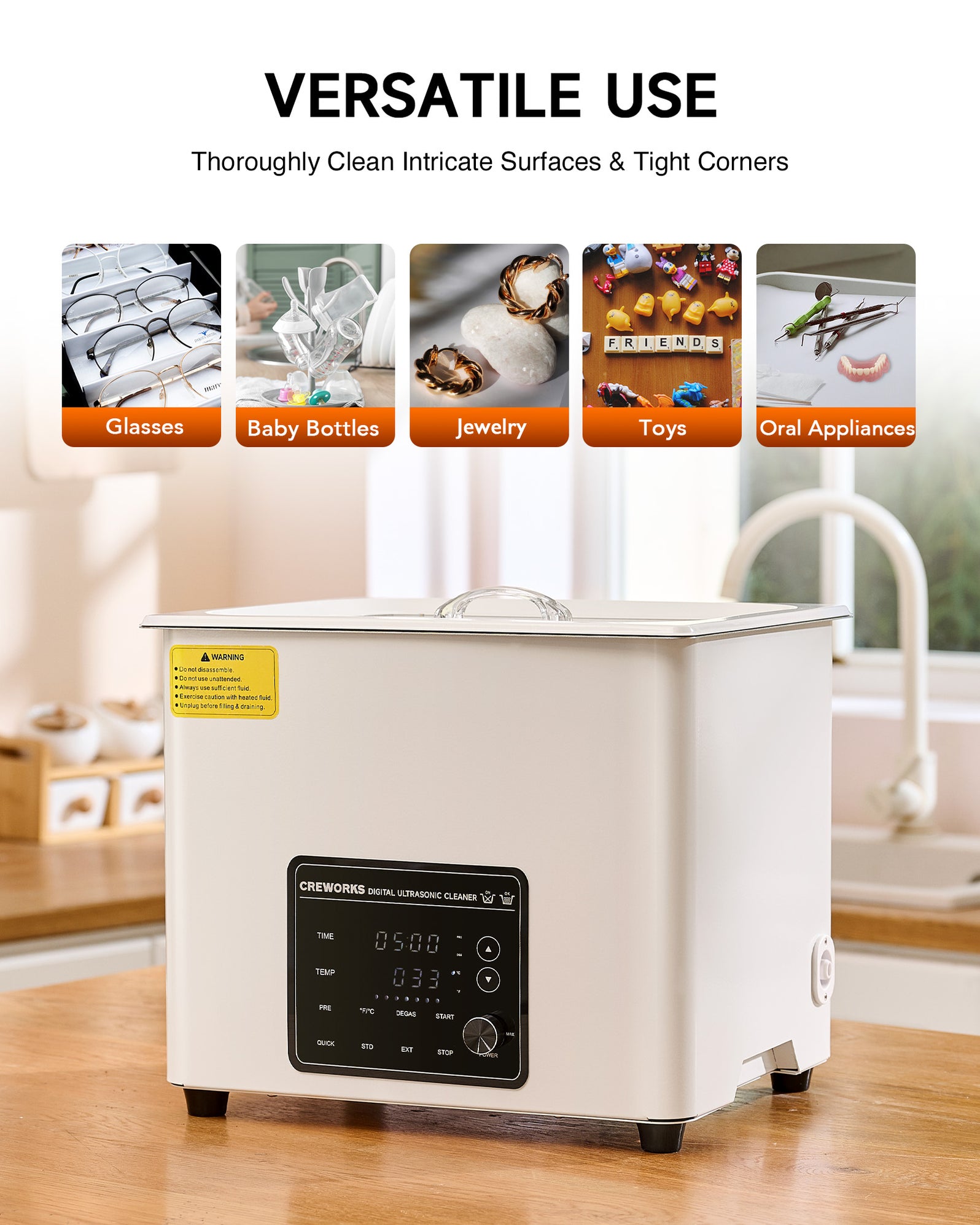 CREWORKS 10L Quiet Ultrasonic Cleaning Machine with 300W Heater & Time ...
