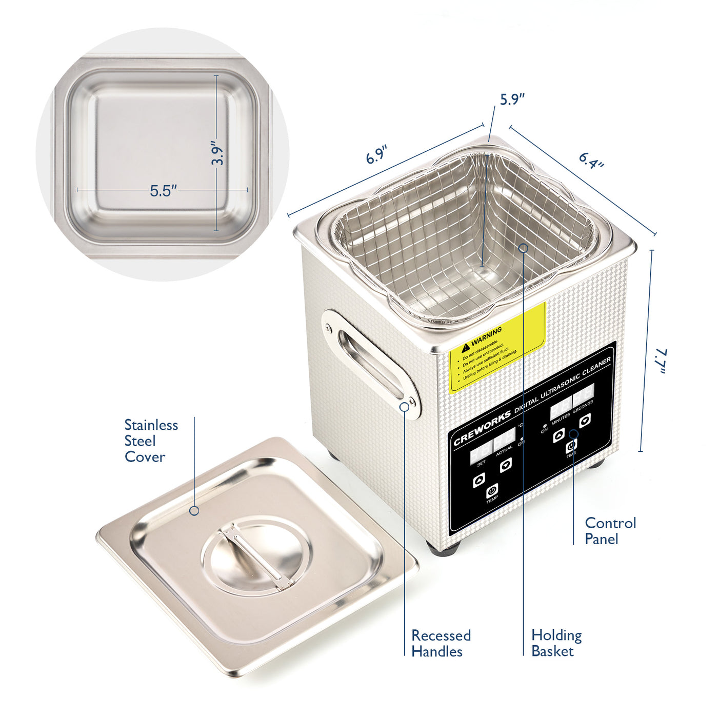 CREWORKS Ultrasonic Cleaner with Heater & Timer, 60W 2L Stainless Stee ...